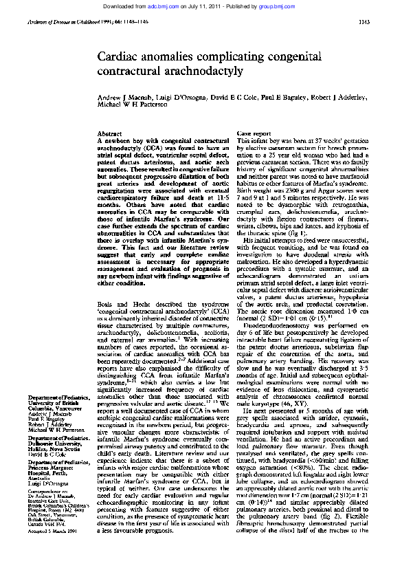 Pdf Cardiac Anomalies Complicating Congenital Contractural Arachnodactyly