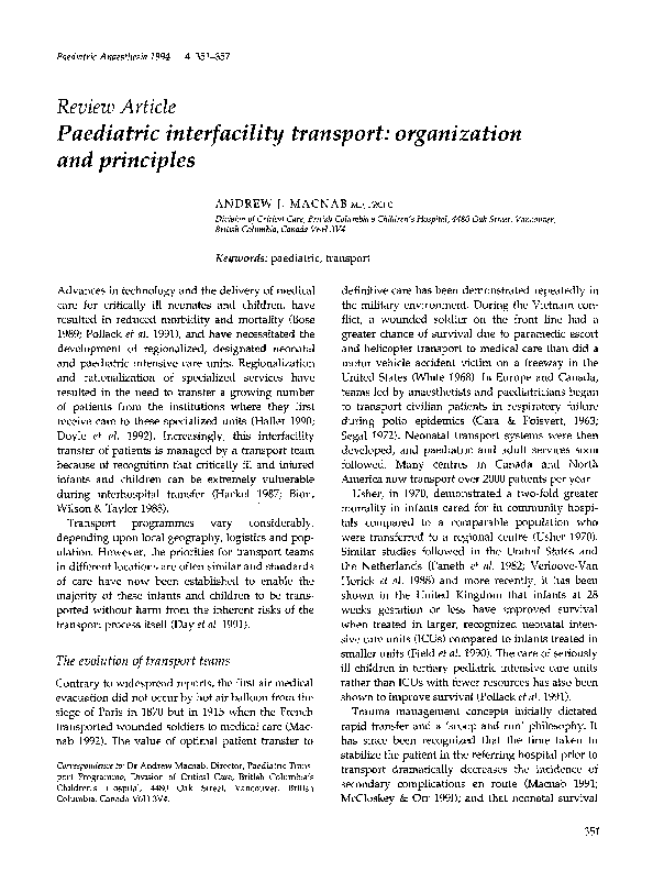 (PDF) Paediatric interfacility transport: organization and principles