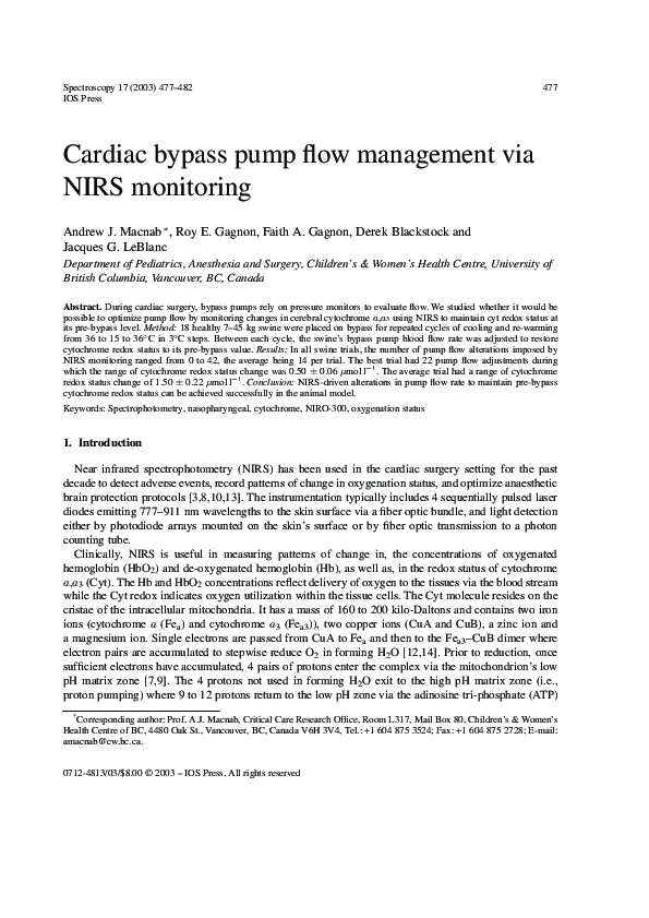 (PDF) Cardiac Bypass Pump Flow Management via NIRS Monitoring