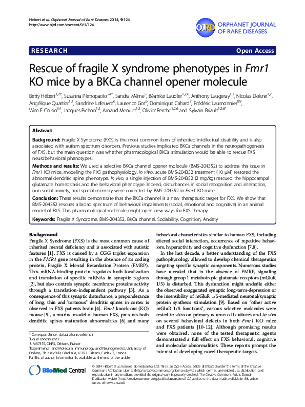 (PDF) Rescue of fragile X syndrome phenotypes in Fmr1 KO mice by the ...