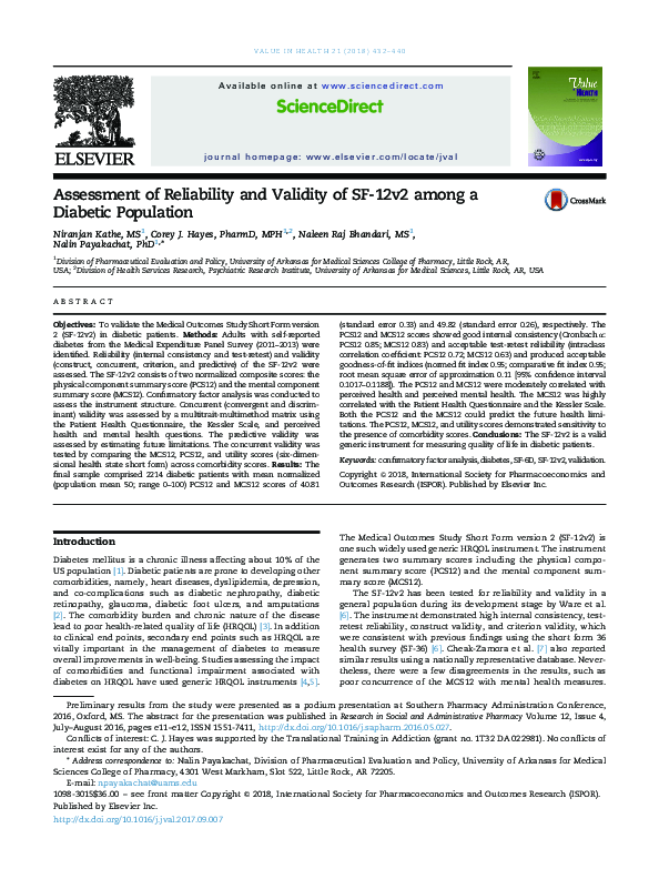 (PDF) Assessment of Reliability and Validity of SF-12v2 among a ...