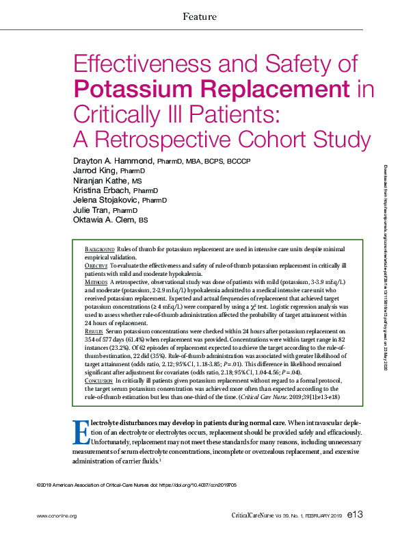 (PDF) Effectiveness and Safety of Potassium Replacement in Critically ...