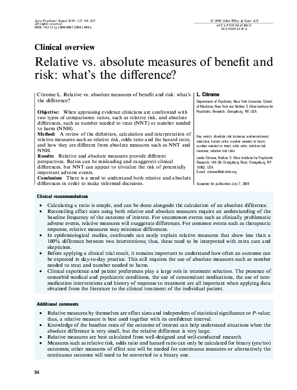 (PDF) Relative vs. absolute measures of benefit and risk: whatâ s the ...