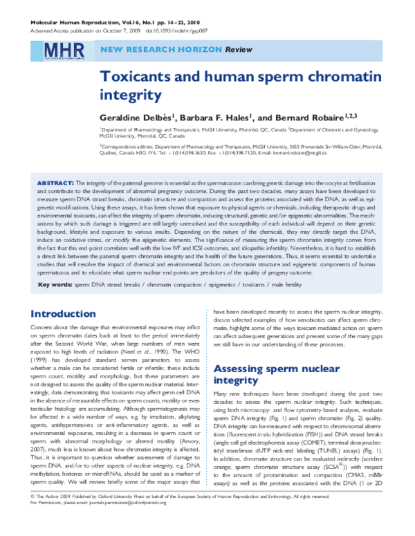 (PDF) Toxicants and human sperm chromatin integrity