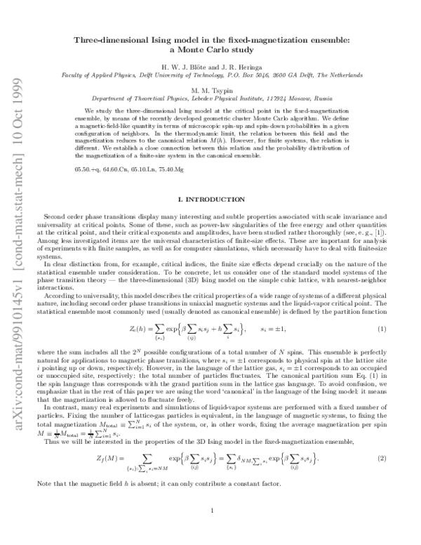 (PDF) Three-dimensional ising model in the fixed-magnetization ensemble: A monte carlo study