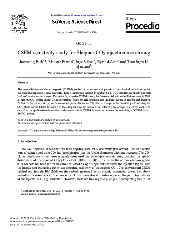 (PDF) CSEM Sensitivity Study for Sleipner CO2-injection Monitoring