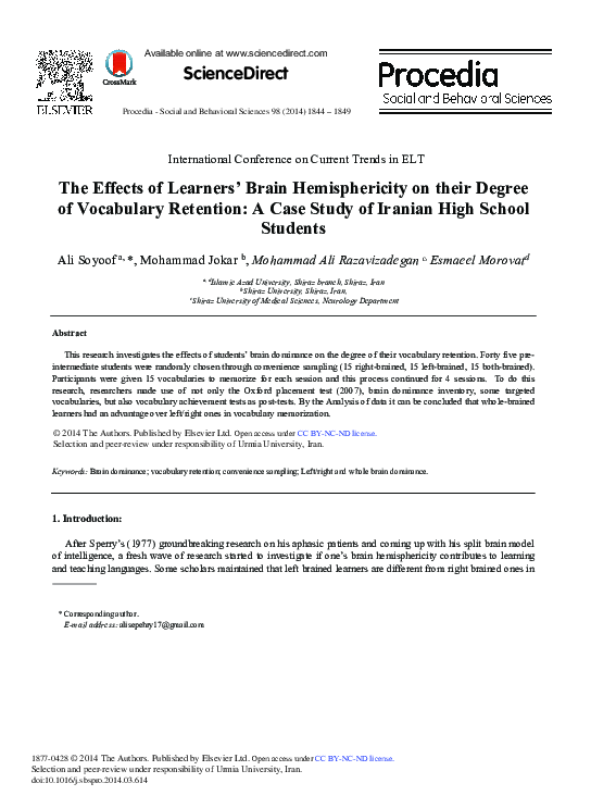 (PDF) The Effects of Learners’ Brain Hemisphericity on their Degree of ...