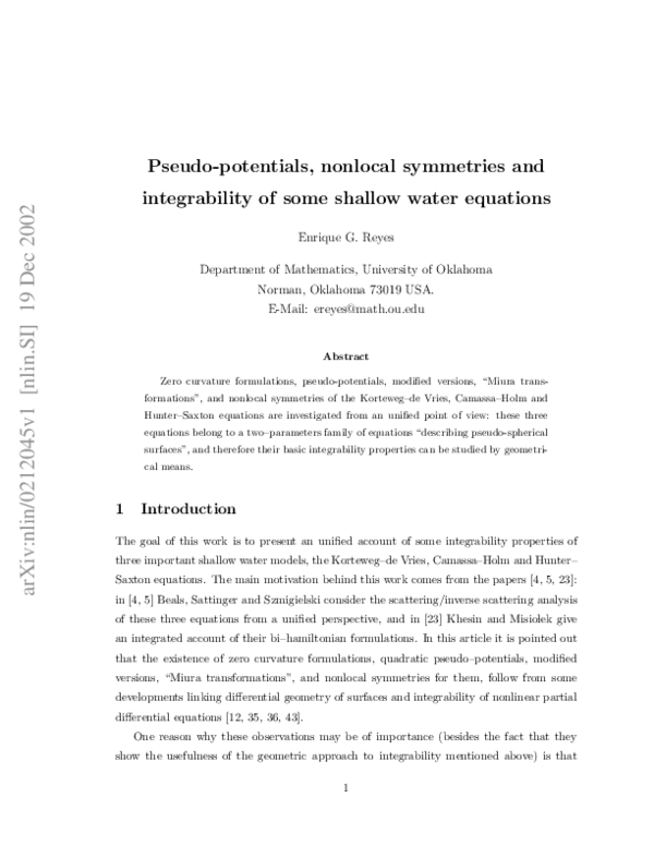 Pdf Pseudo Potentials Nonlocal Symmetries And Integrability Of Some Shallow Water Equations