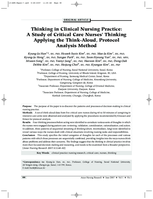(PDF) Thinking in Clinical Nursing Practice: A Study of Critical Care Nurses' Thinking Applying ...