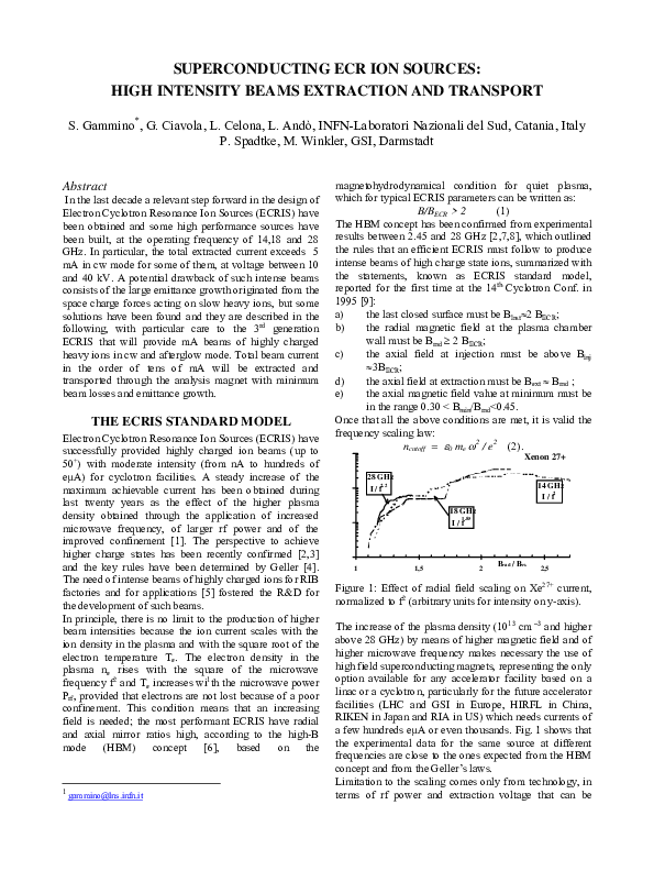 (PDF) Superconducting ECR Ion Sources: High Intensity Beams Extraction and Transport