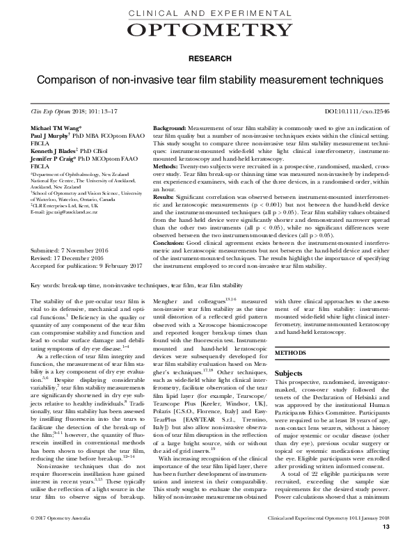 (PDF) Comparison of non-invasive tear film stability measurement techniques
