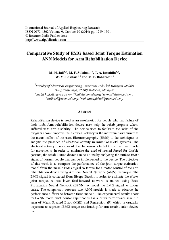 (PDF) Comparative Study of EMG based Joint Torque Estimation ANN Models for Arm Rehabilitation ...
