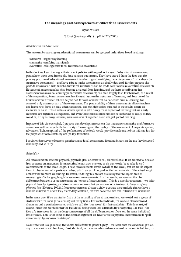 (PDF) Education: The meanings and consequences of educational assessments