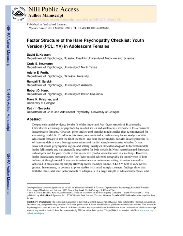 (PDF) Factor structure of the Hare Psychopathy Checklist: Youth Version ...