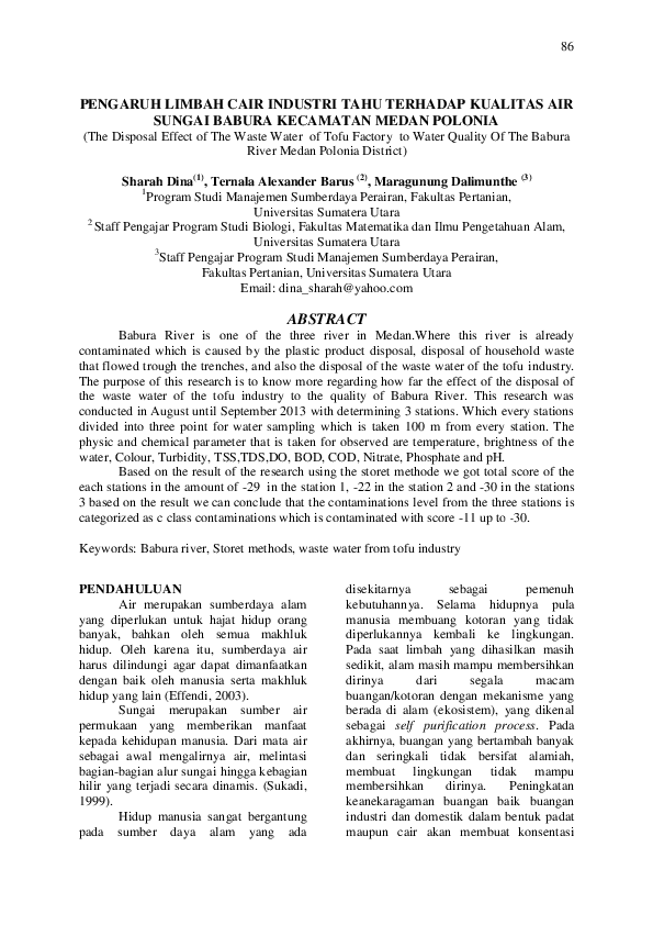 (PDF) PENGARUH LIMBAH CAIR INDUSTRI TAHU TERHADAP KUALITAS AIR SUNGAI ...