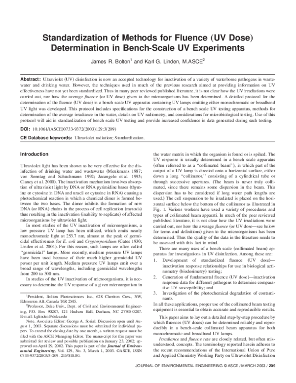 (PDF) Standardization of Methods for Fluence UV Dose Determination in ...