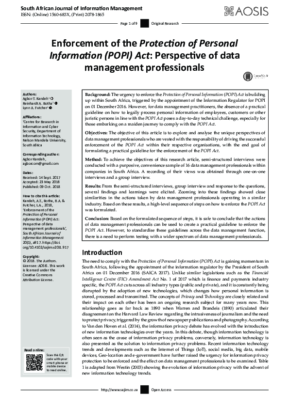 (PDF) Enforcement of the Protection of Personal Information (POPI) Act ...