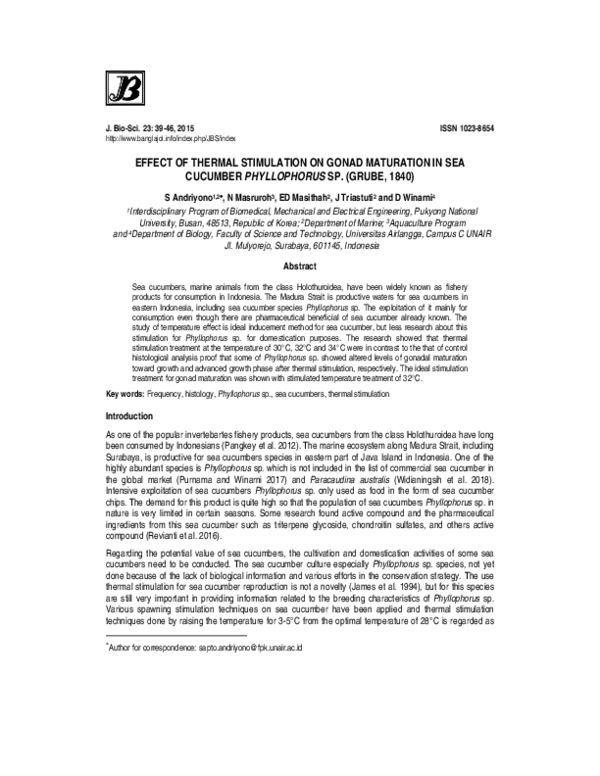 (PDF) Effect of thermal stimulation on gonad maturation in sea cucumber ...