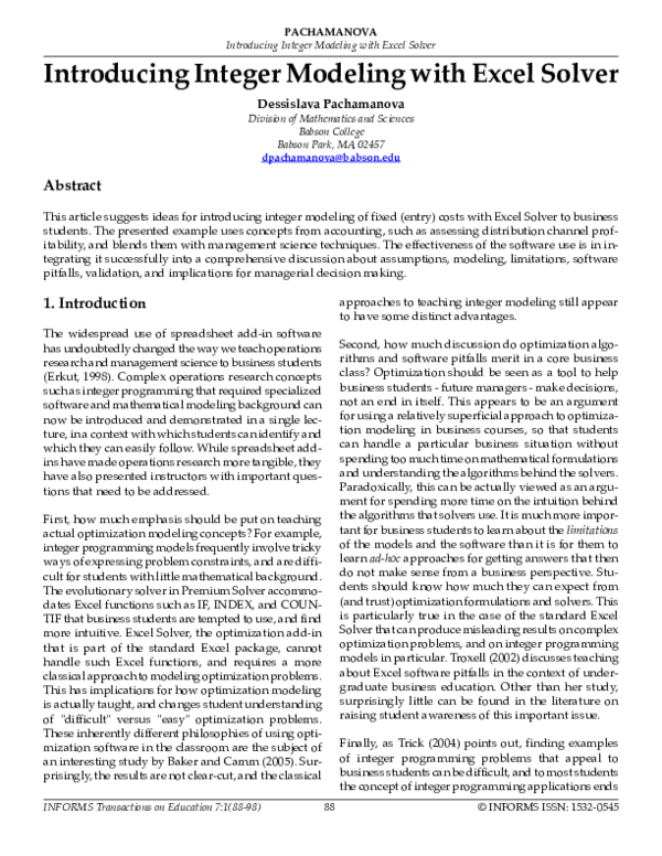 Pdf Introducing Integer Modeling With Excel Solver