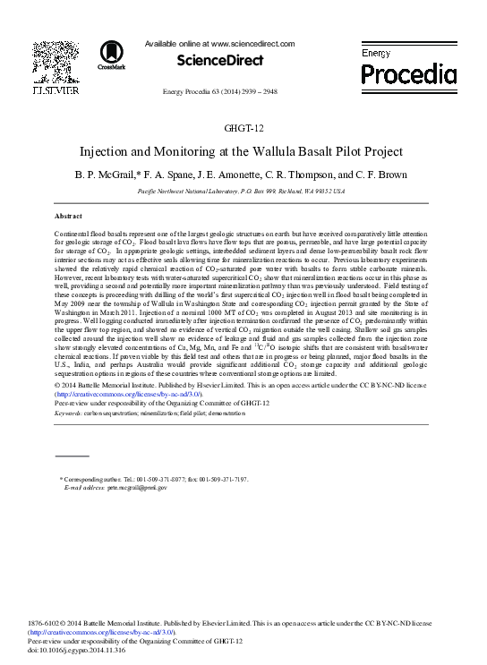 (PDF) Injection and Monitoring at the Wallula Basalt Pilot Project ...