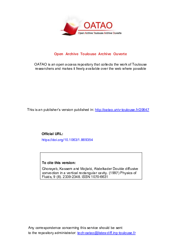 Pdf Double Diffusive Convection In A Vertical Rectangular Cavity