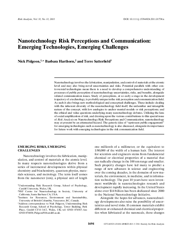 (PDF) Nanotechnology Risk Perceptions and Communication: Emerging Technologies, Emerging Challenges