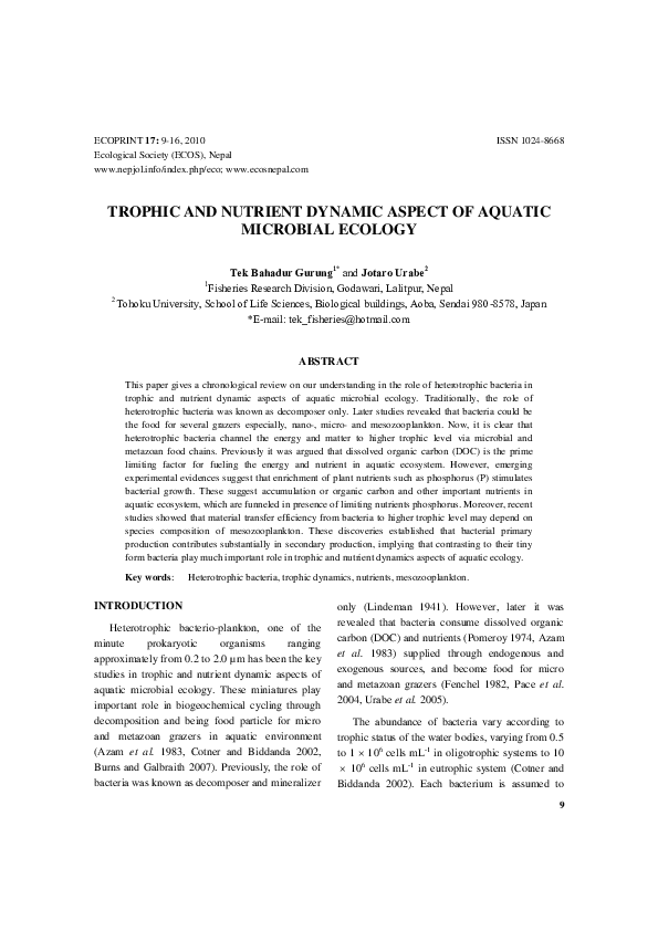 (PDF) Trophic and Nutrient Dynamic Aspect of Aquatic Microbial Ecology