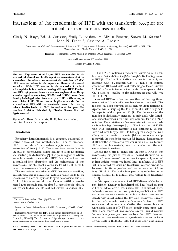 (PDF) Interactions of the ectodomain of HFE with the transferrin ...