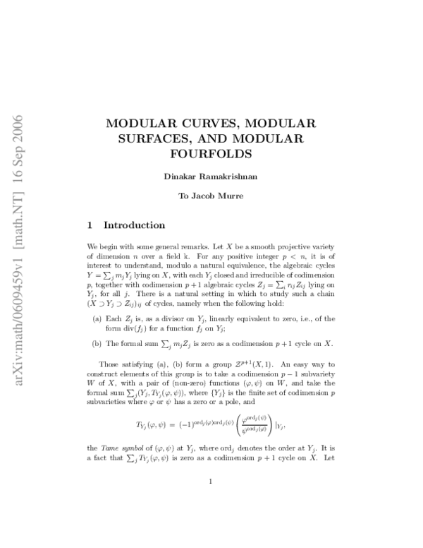 (PDF) Modular Curves, Modular Surfaces and Modular Fourfolds | Dinakar Ramakrishnan - Academia.edu