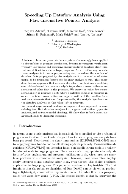Pdf Speeding Up Dataflow Analysis Using Flow Insensitive Pointer Analysis 