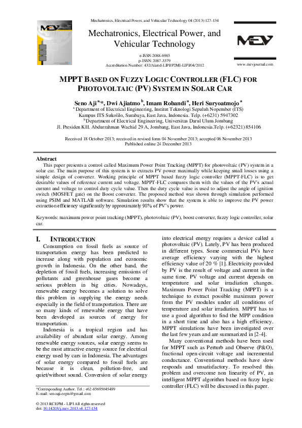 Pdf Mppt Based On Fuzzy Logic Controller Flc For Photovoltaic Pv System In Solar Car