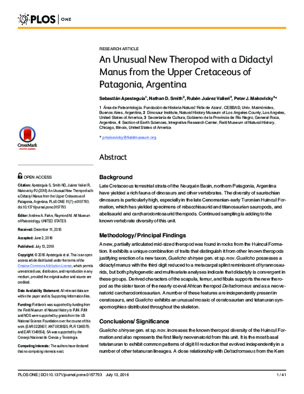 (PDF) An Unusual New Theropod with a Didactyl Manus from the Upper ...