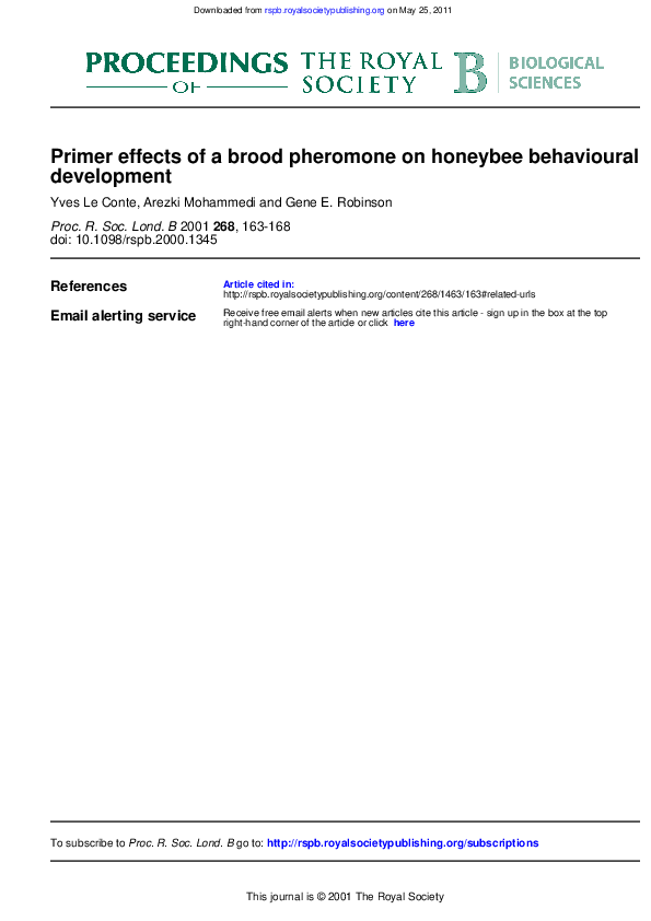 (PDF) Primer effects of a brood pheromone on honeybee behavioural development