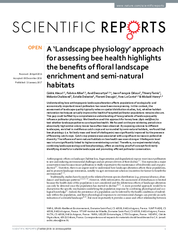 (PDF) A 'Landscape physiology' approach for assessing bee health ...