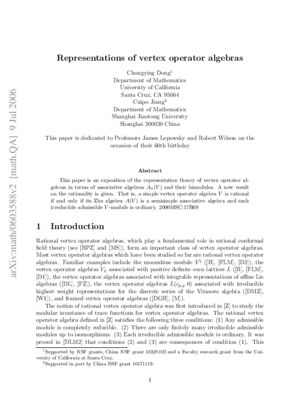 (PDF) Representations of vertex operator algebras