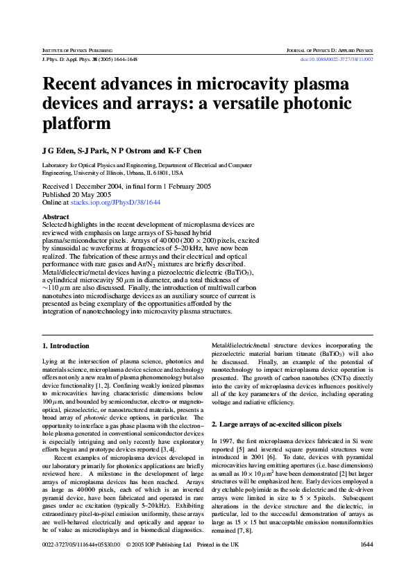 (PDF) Recent advances in microcavity plasma devices and arrays: a ...
