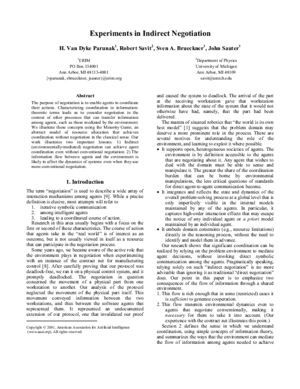 (PDF) Experiments in Indirect Negotiation