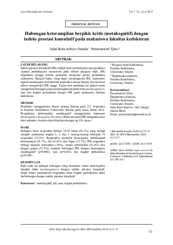 (PDF) Hubungan keterampilan berpikir kritis (metakognitif) dengan indeks prestasi kumulatif pada ...