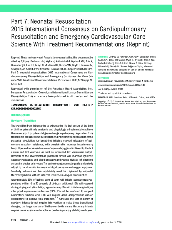 (PDF) Part 7: Neonatal Resuscitation: 2015 International Consensus on Cardiopulmonary ...