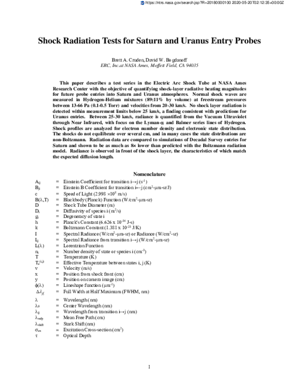 (PDF) Shock Radiation Tests for Saturn and Uranus Entry Probes