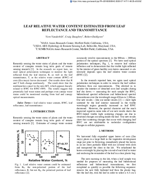 (PDF) Leaf relative water content estimated from leaf reflectance and ...