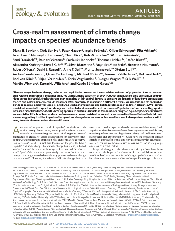 (PDF) Cross-realm assessment of climate change impacts on species ...