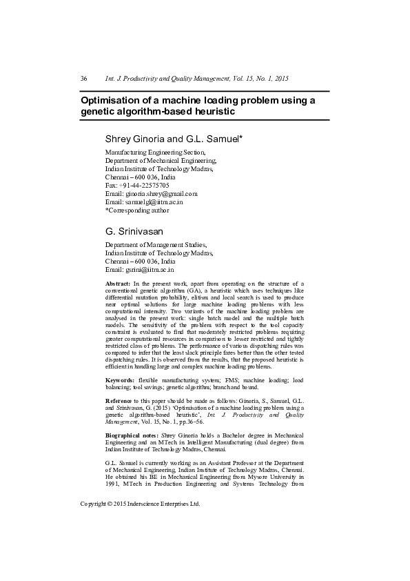 Pdf Optimisation Of A Machine Loading Problem Using A Genetic Algorithm Based Heuristic