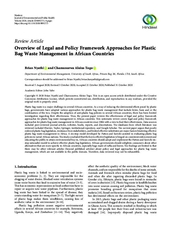 (PDF) Overview of Legal and Policy Framework Approaches for Plastic Bag ...