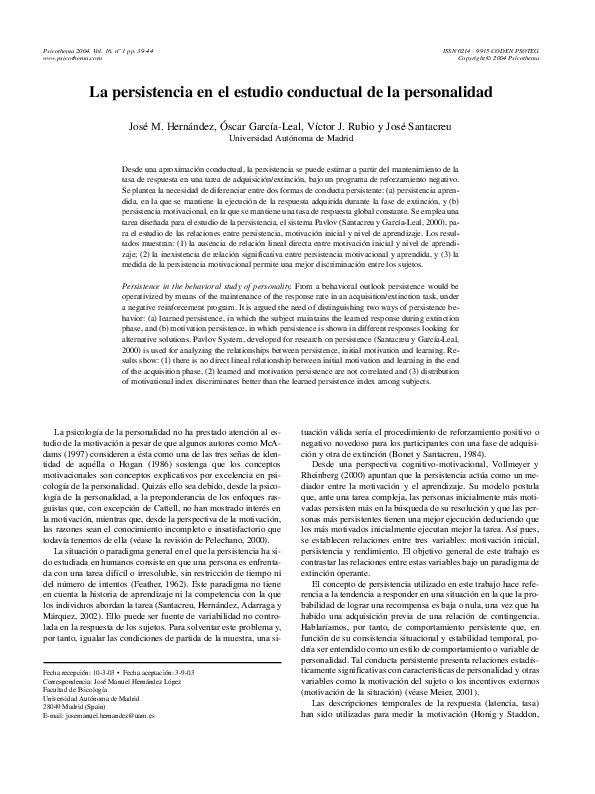 (PDF) La persistencia en el estudio conductual de la personalidad