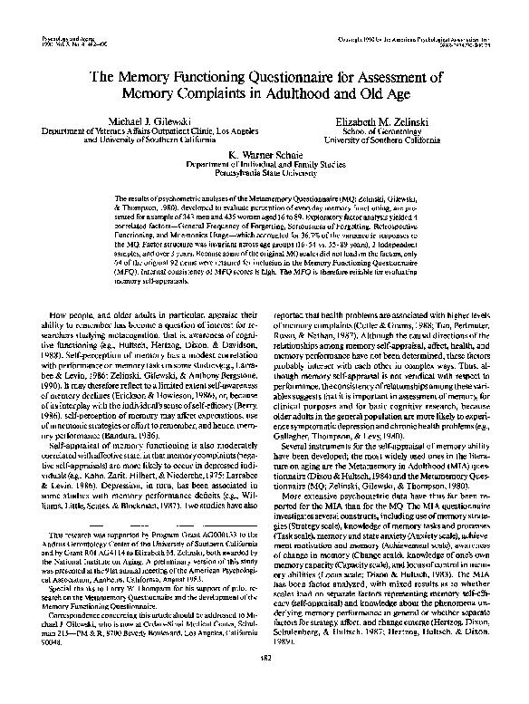 (PDF) The Memory Functioning Questionnaire for assessment of memory complaints in adulthood and ...