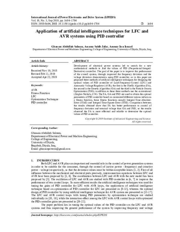 Pdf Application Of Artificial Intelligence Techniques For Lfc And Avr Systems Using Pid Controller