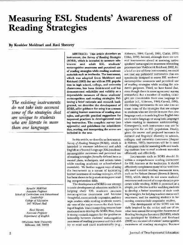 (PDF) Measuring ESL students' awareness of reading strategies