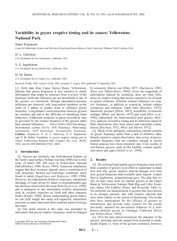 (PDF) Variability in geyser eruptive timing and its causes: Yellowstone ...
