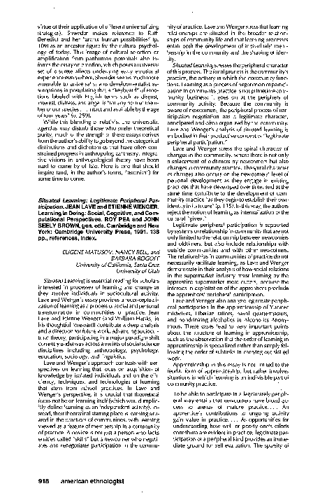 (PDF) Situated Learning: Legitimate Peripheral Participation . Jean ...